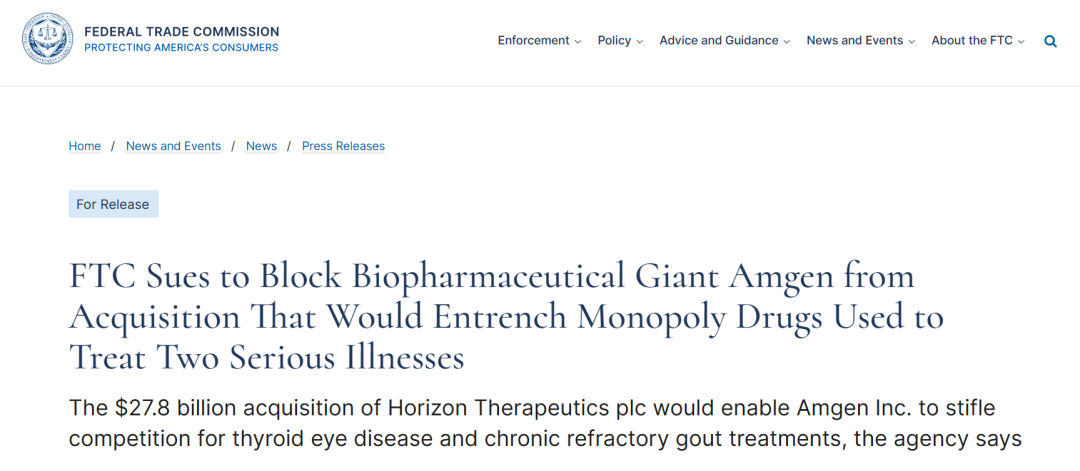 FTC阻止安进278亿美元收购Horizon，美国医药并购风向或生变医药新闻-ByDrug-一站式医药资源共享中心-医药魔方