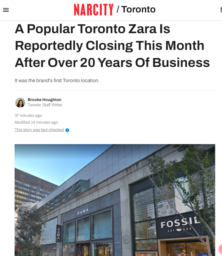 惊呆！多伦多开了22年的Zara店也要关门大吉了！但HR有机会了... - 加拿大本地公众号 温哥华天空Vansky.com