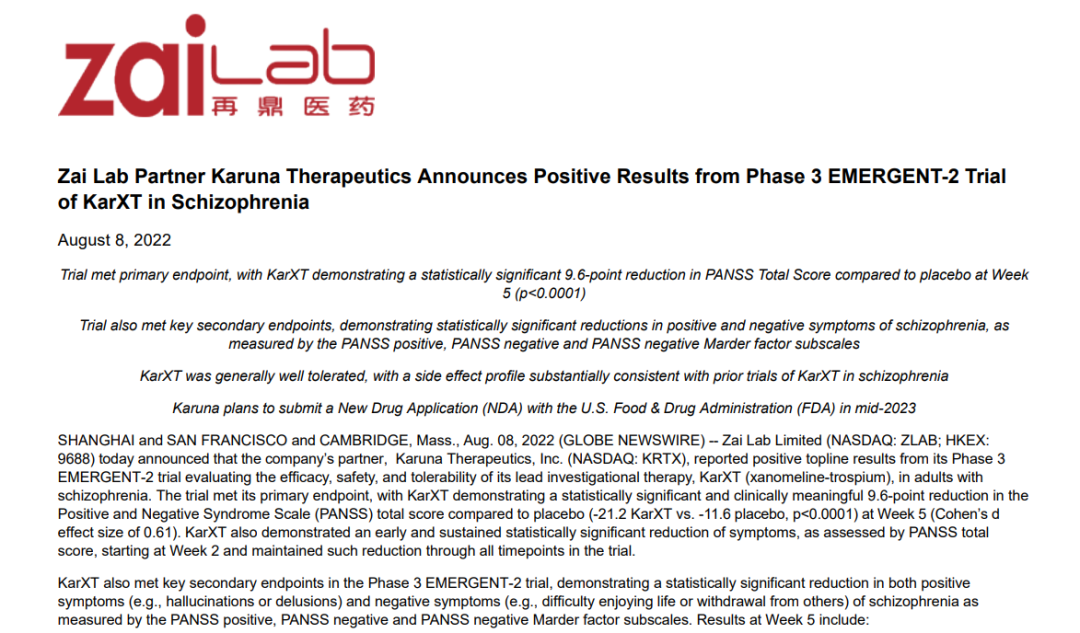精神分裂症新药III期成功，预计明年提交NDA！再鼎拥有中国权益医药新闻-ByDrug-一站式医药资源共享中心-医药魔方