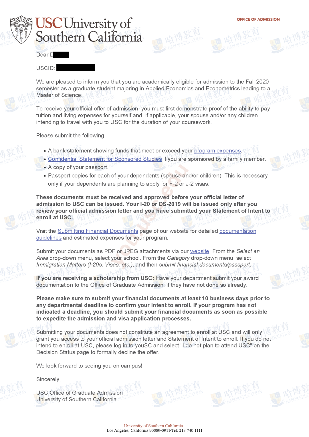 【录取捷报】哈博学子又斩获南加州大学offer一枚！ - 哈博教育