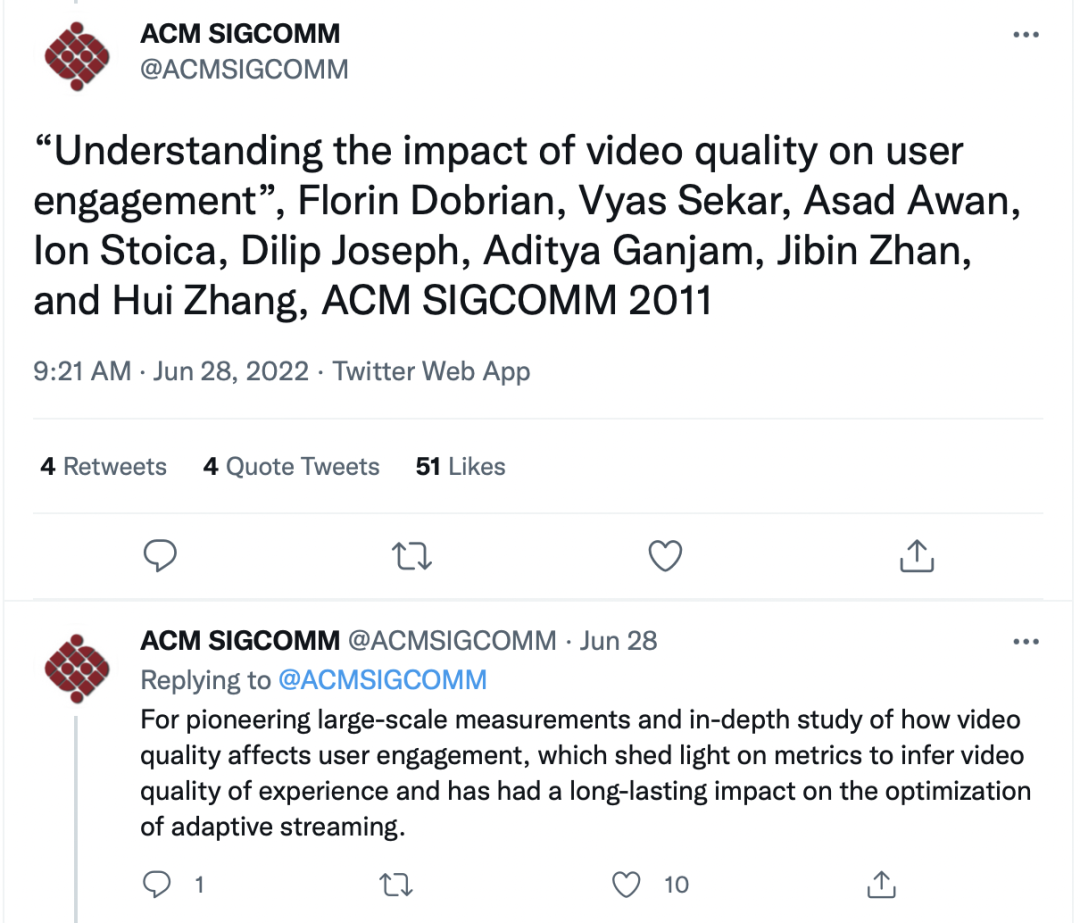 Conviva 创始团队论文获ACMSIGCOMM’s 2022 Test of Time Award! - 脉脉