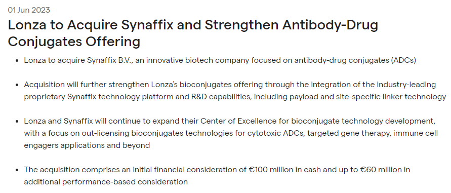 CDMO巨头Lonza宣布收购ADC企业Synaffix医药新闻-ByDrug-一站式医药资源共享中心-医药魔方